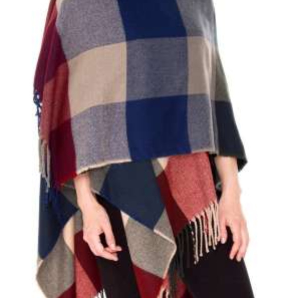 Accessories | Check Print Ruana With Fringes Shawl Scarf | Poshmark